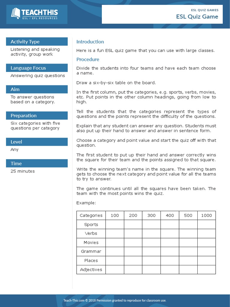 Esl Quiz Game | PDF | English As A Second Or Foreign Language | Human ...