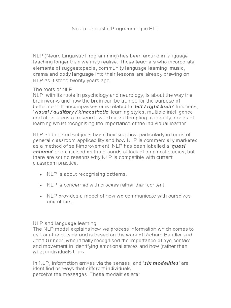 Neuro Linguistic Programming in ELT | PDF | Neuro Linguistic Programming | Learning