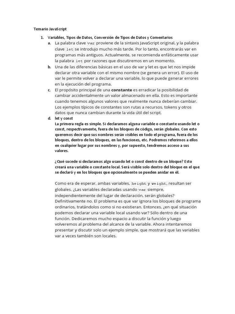 Temario JavaScript | PDF | Variable (informática) | Script Java