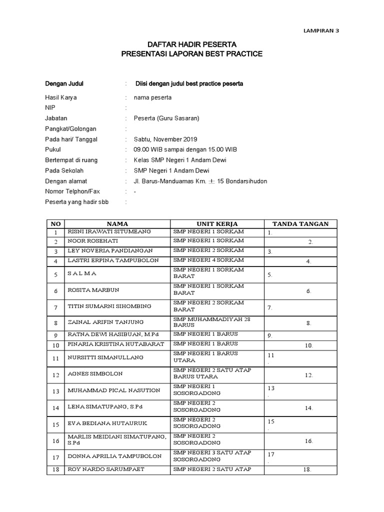 Format Daftar Hadir Peserta Presentasi | PDF