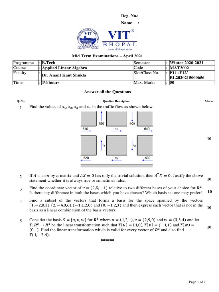 Sample Question Paper-Mid Term | PDF | Basis (Linear Algebra) | Vector ...