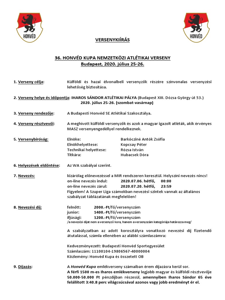 Versenykirs Idrend Honvd Kupa 2020.07.25-26 | PDF