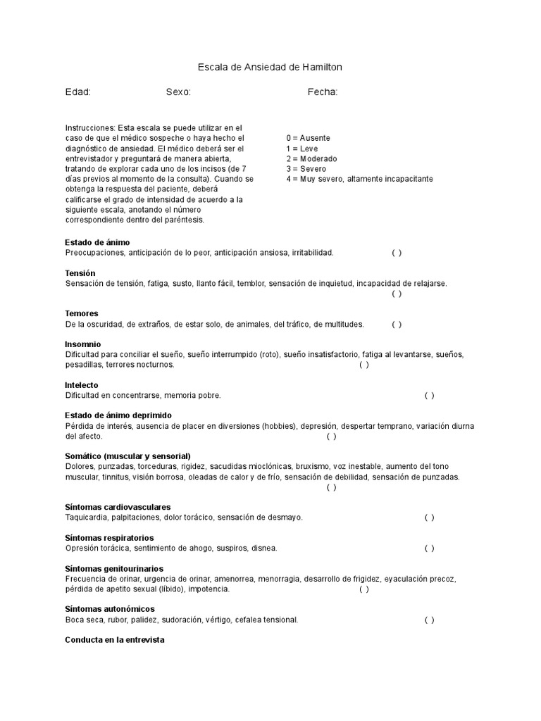 Escala de Ansiedad de Hamilton | PDF | Depresión (estado de ánimo ...