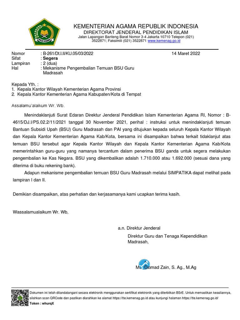 Surat Edaran Pengembalian-Bsu-Guru-Madrasah | PDF