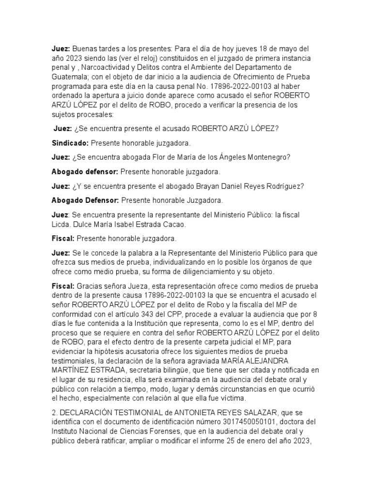 Guion Ofrecimiento de Pruebas Ejemplo 3 | PDF | Fiscal | Ley procesal
