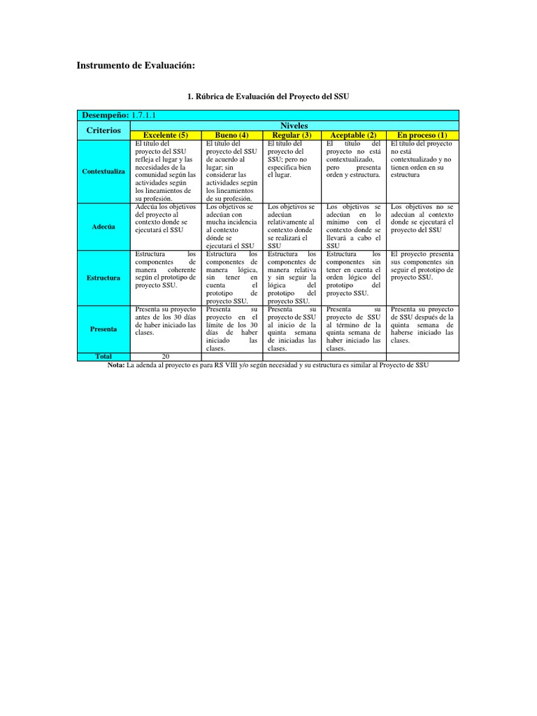 Rúbrica Evaluación Proyecto SSU | PDF | Evaluación | Rúbrica (Académica)