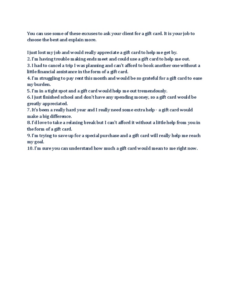 Gift Card Excuses | PDF