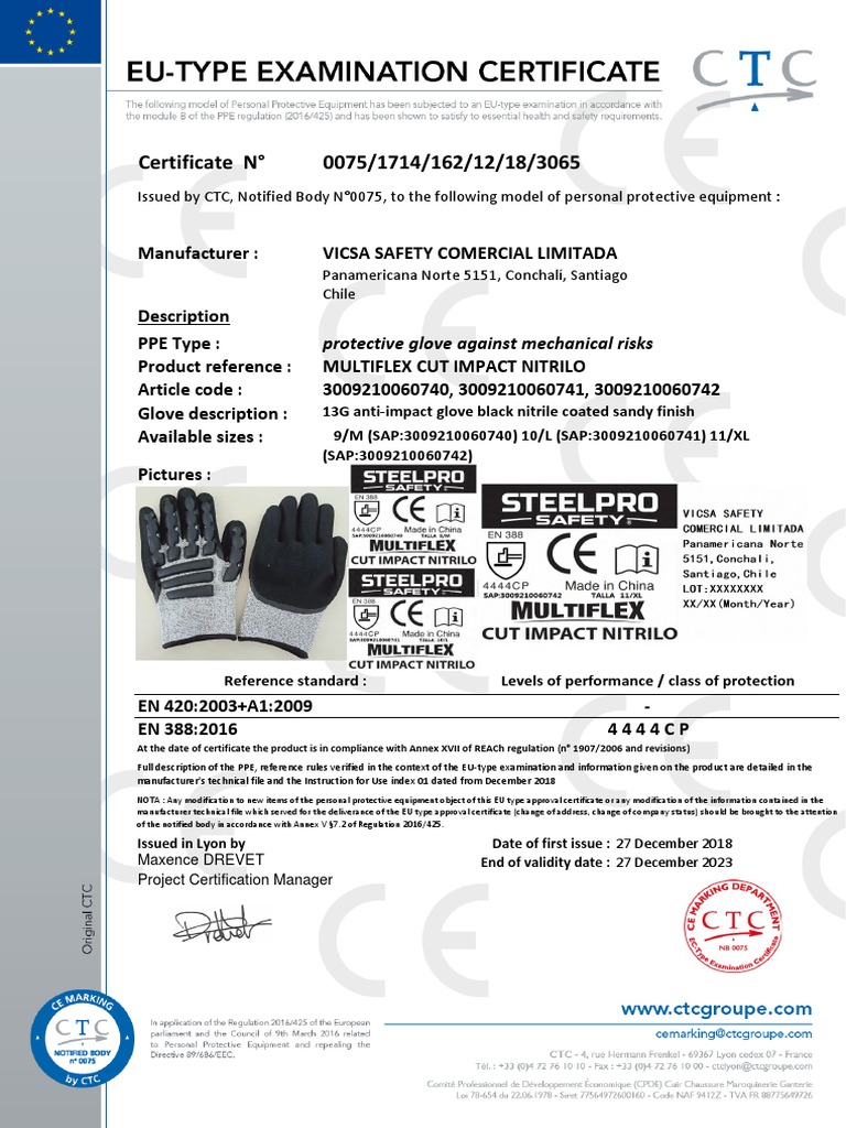 Certificado Origen 3009210060740-C-GUANTE-MULTIFLEX-CUT-5-IMPACT | PDF