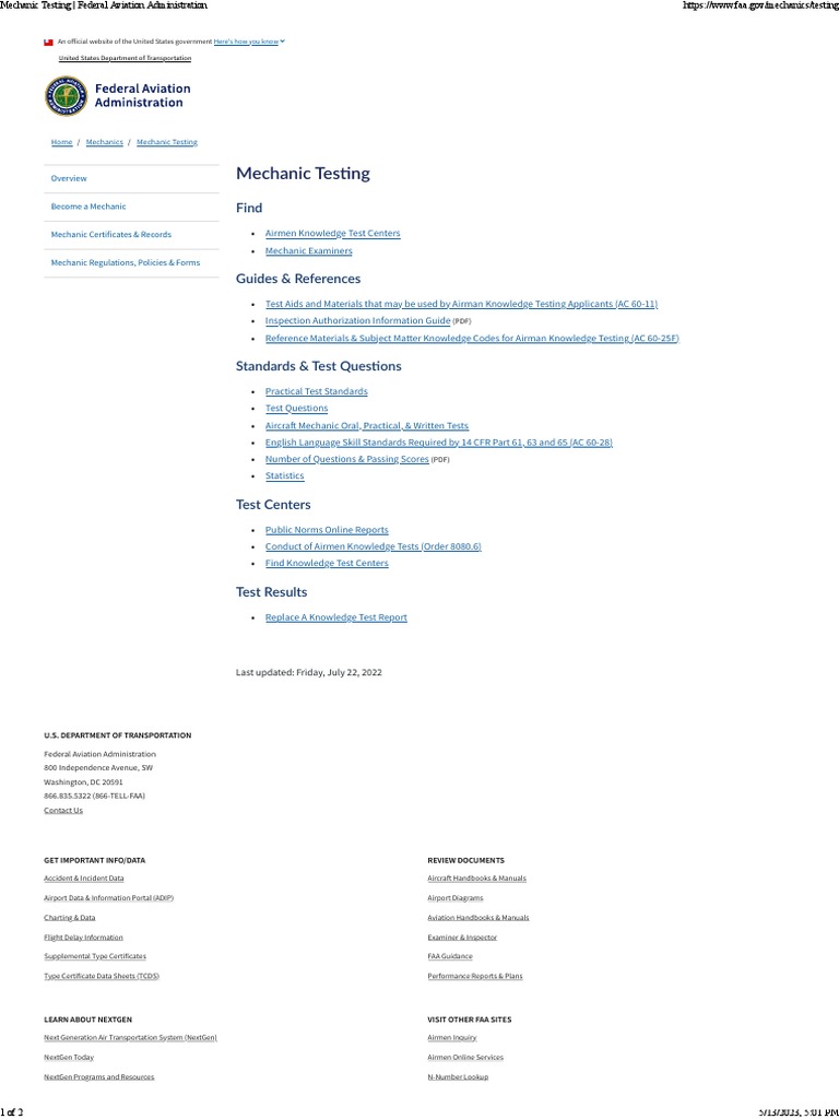 Mechanic Testing Federal Aviation Administration | PDF | Federal ...