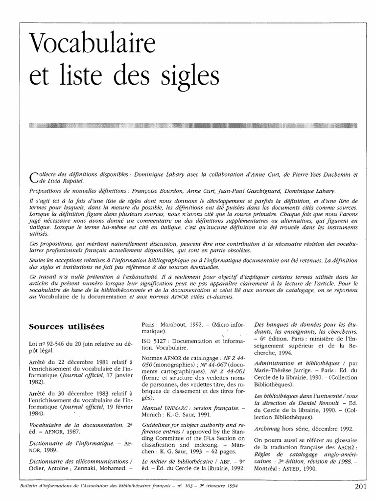 Vocabulaire Et Liste Des Sigles | PDF