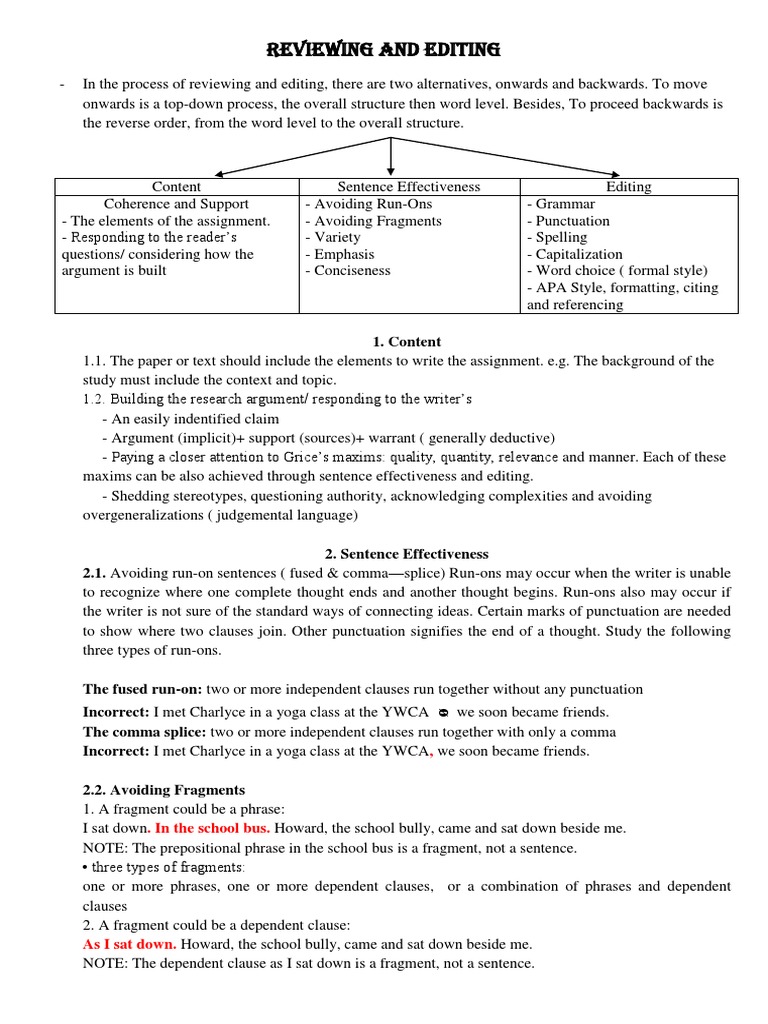 Reviewing and Editing | PDF | Sentence (Linguistics) | Subject (Grammar)