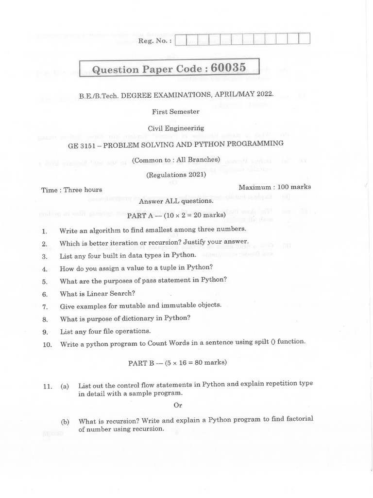 GENERAL-AM-2022-GE 3151-Problem Solving and Python Programming-289488130-GE 3151 | PDF