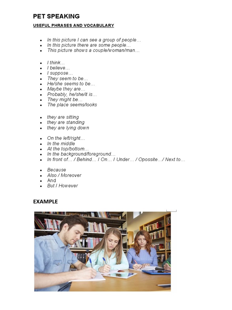 PET SPEAKING Phrases and Example | PDF