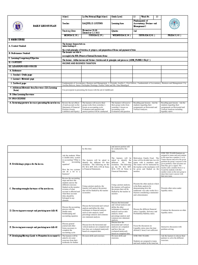 Grade 12 Taxation Lesson Plan | PDF | Ratio | Learning