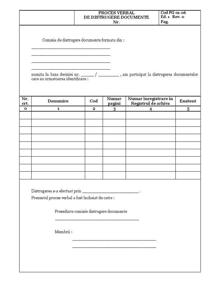 PG 01-06 Proces verbal distrugere documente | PDF