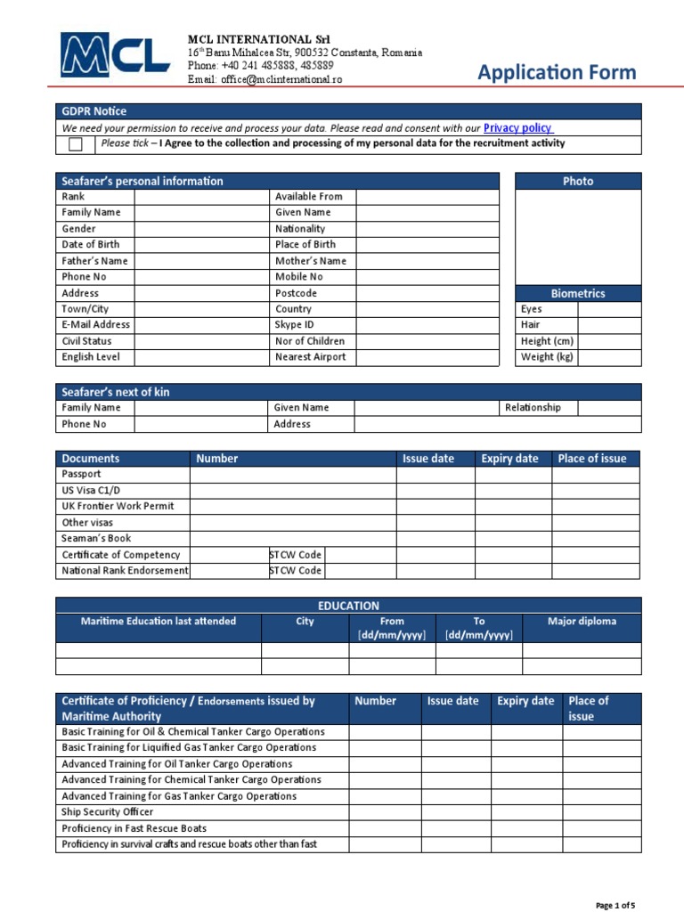MCL Application Form | PDF | Ships | Simulation