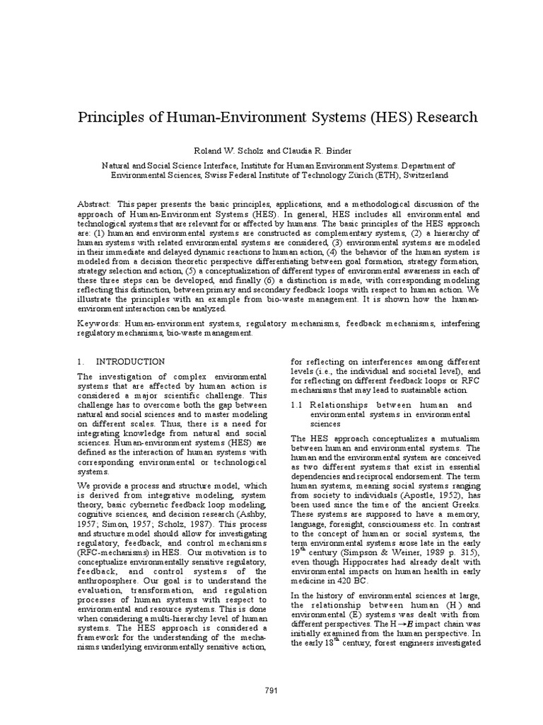 Principles of Human-Environment Systems Research (Scholz & Binder, 2003 ...
