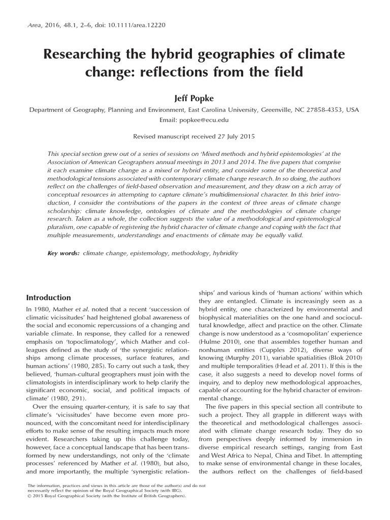Researching The Hybrid Geographies of Climate (Popke, 2016) | PDF ...