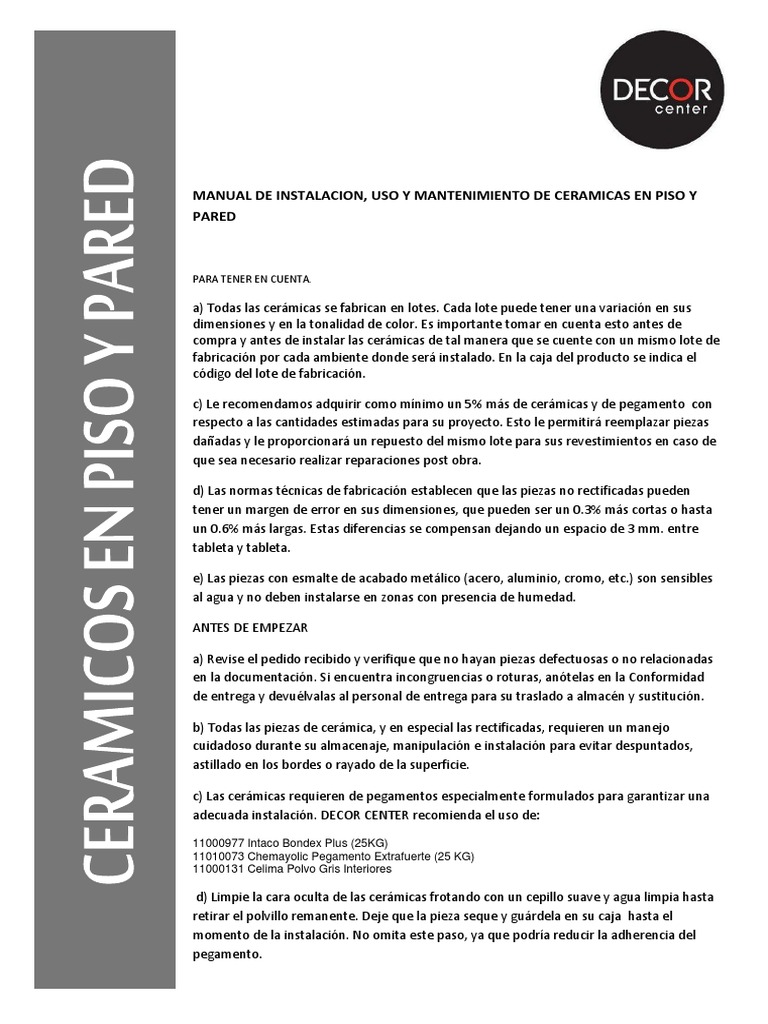 Manual de Instalacion Uso y Mantenimiento de Ceramicas en Piso y Pared ...