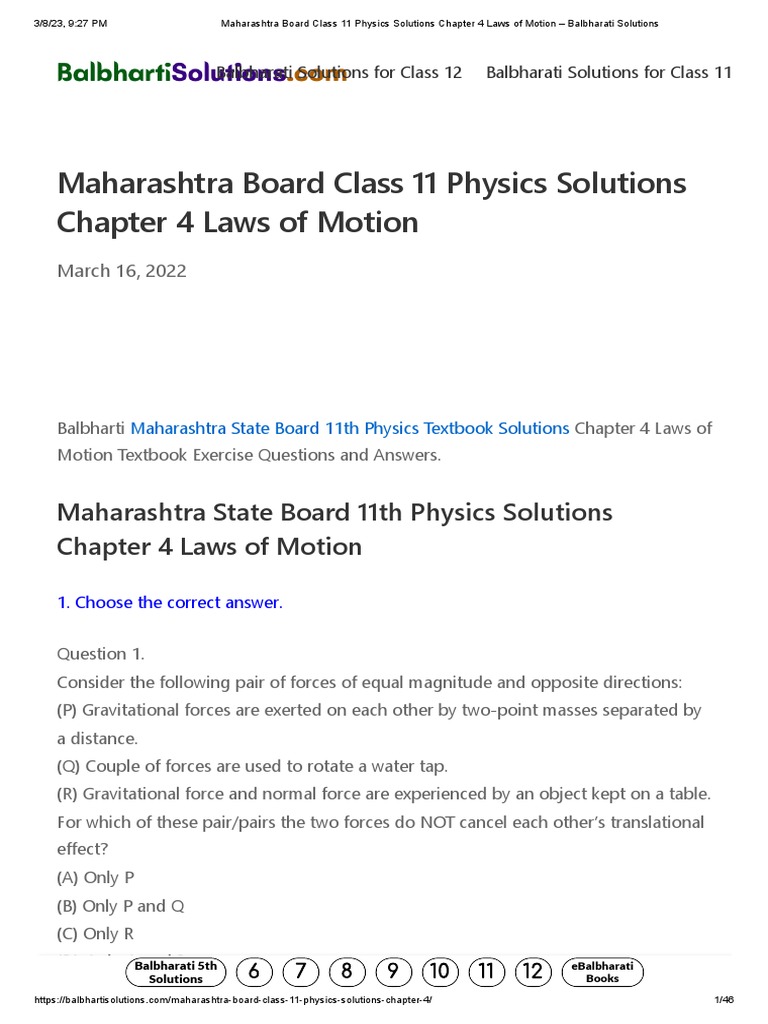 Maharashtra Board Class 11 Physics Solutions Chapter 4 Laws of Motion | PDF | Force | Collision