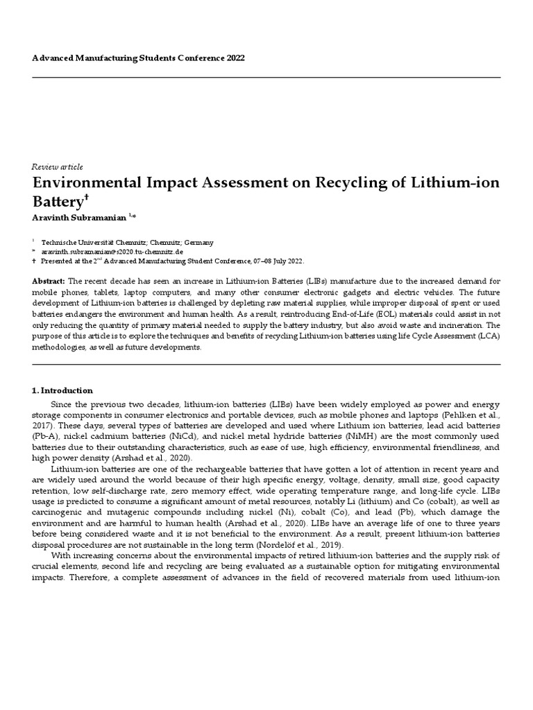 Subramanian - Environmental Impact Assessment On Recycling of Lithium ...