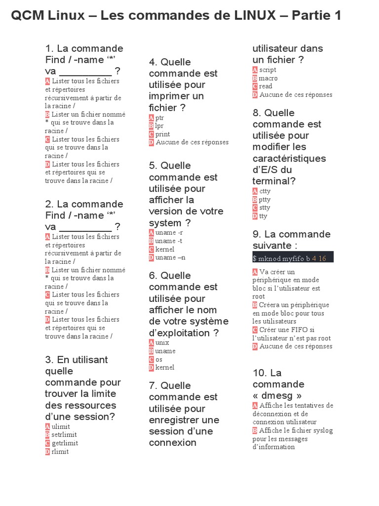 Quiz Commandes Linux - Partie 1 | PDF | Linux | Kernel (Système d'exploitation)