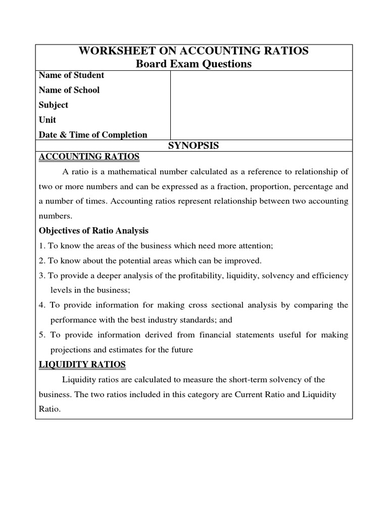 Worksheet On Accounting Ratios Board QP | PDF | Revenue | Financial Capital