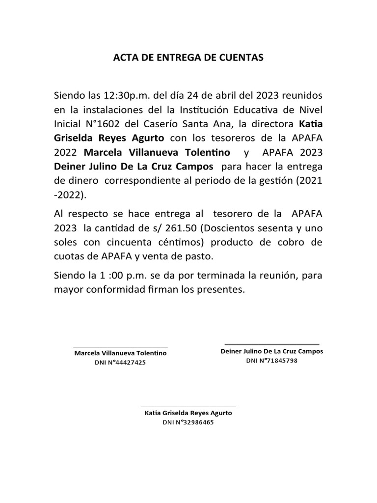 Acta de Entrega de Cuentas | PDF