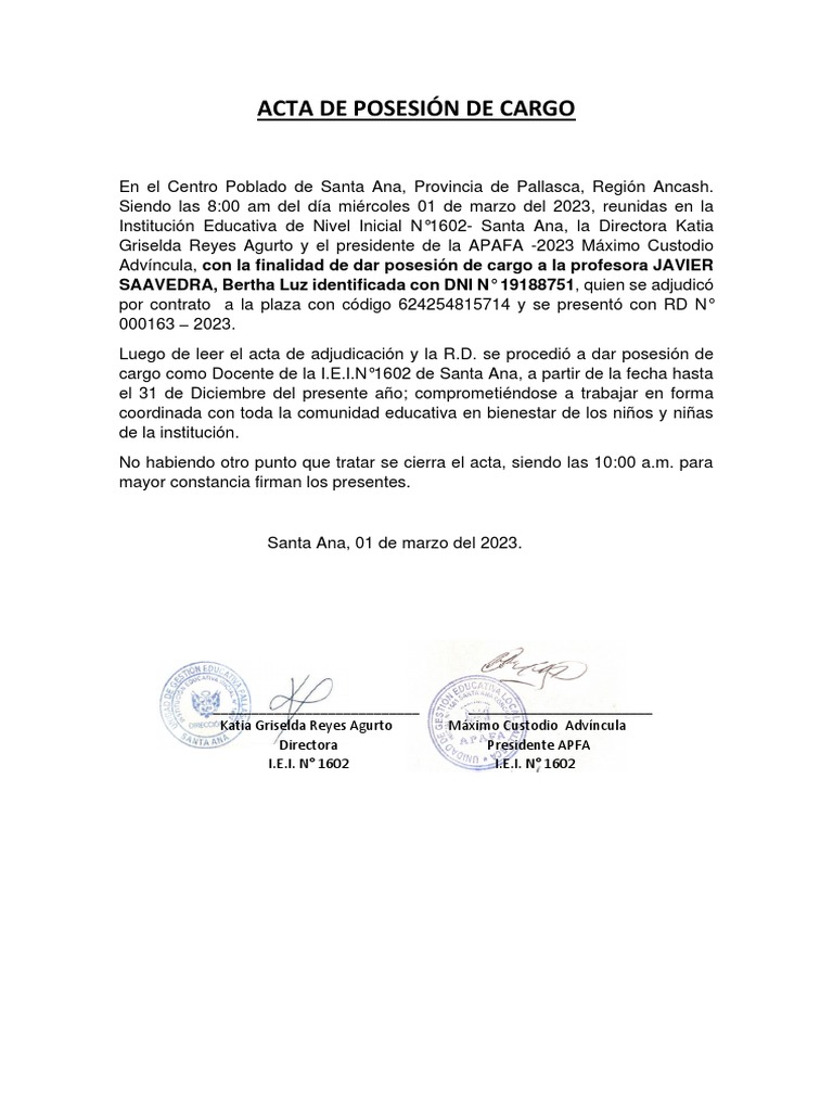 Acta de Posesión de Cargo | PDF