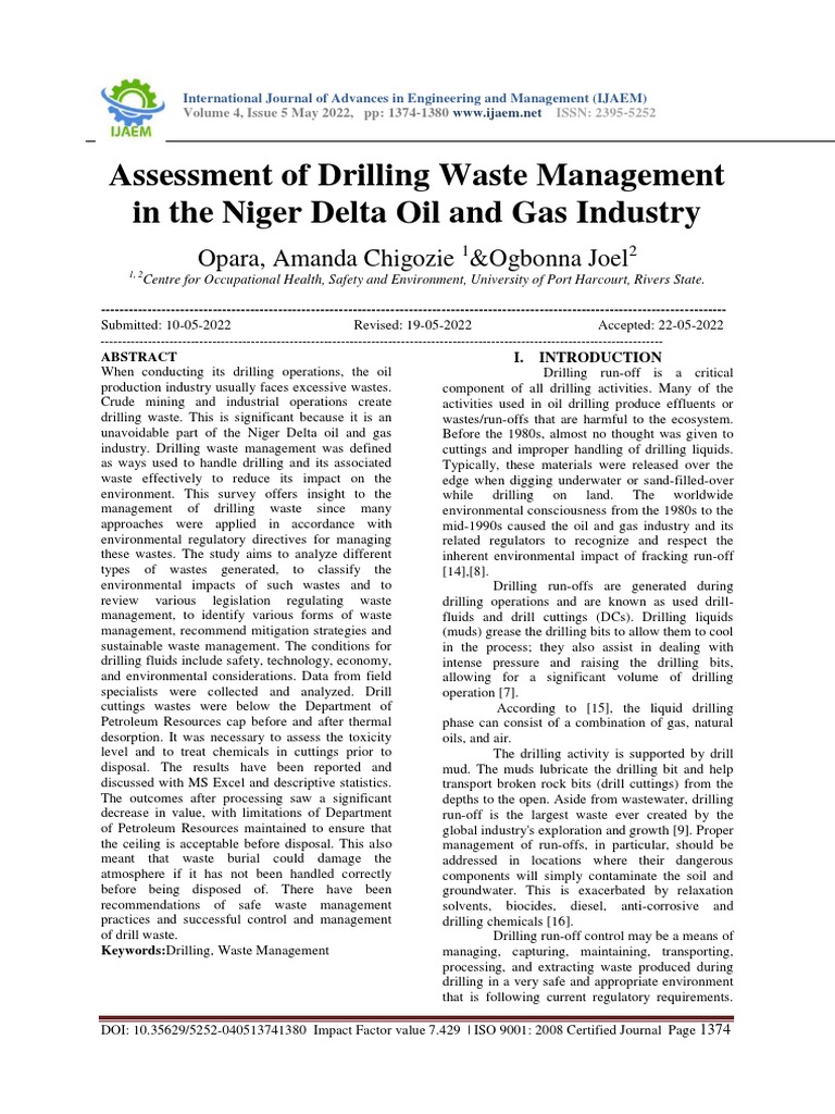 Assessment of Drilling Waste Management in The Niger Delta Oil and Gas ...
