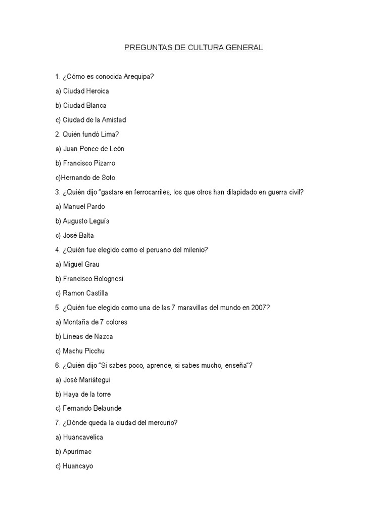 PREGUNTAS DE CULTURA GENERAL | PDF