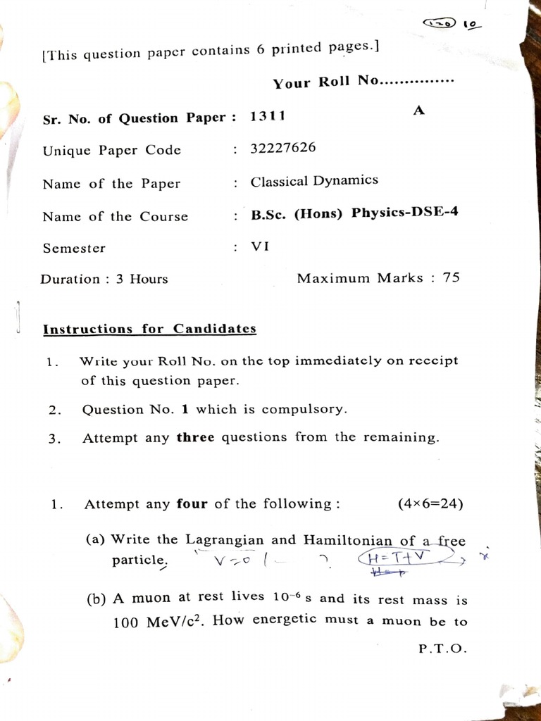 PYQ Paper - 1&2 | PDF | Hamiltonian Mechanics | Lagrangian Mechanics