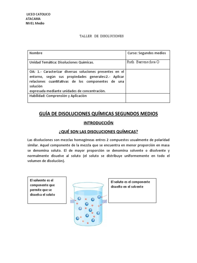 Guía de Disoluciones Segundos Medios | PDF | Concentración | Solubilidad