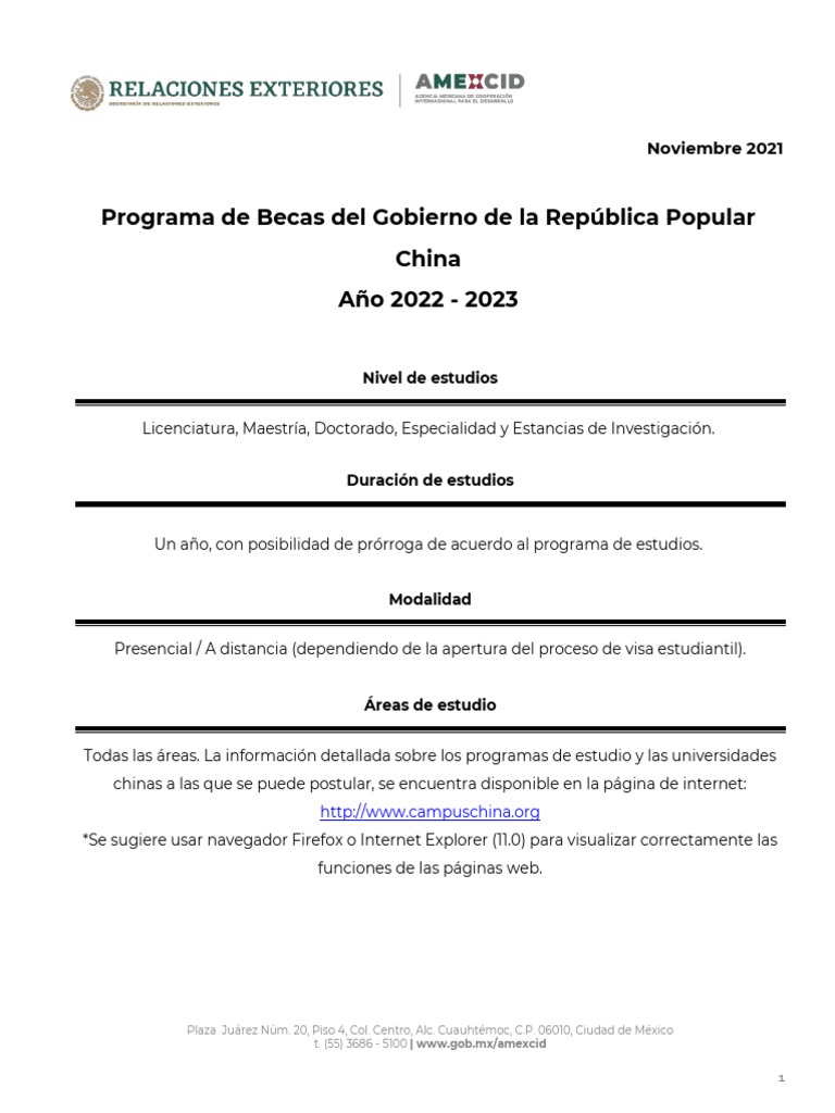Programa de Becas Del Gobierno de La Rep Blica Popular China A o 2022 - 2023 | PDF | Sistema ...