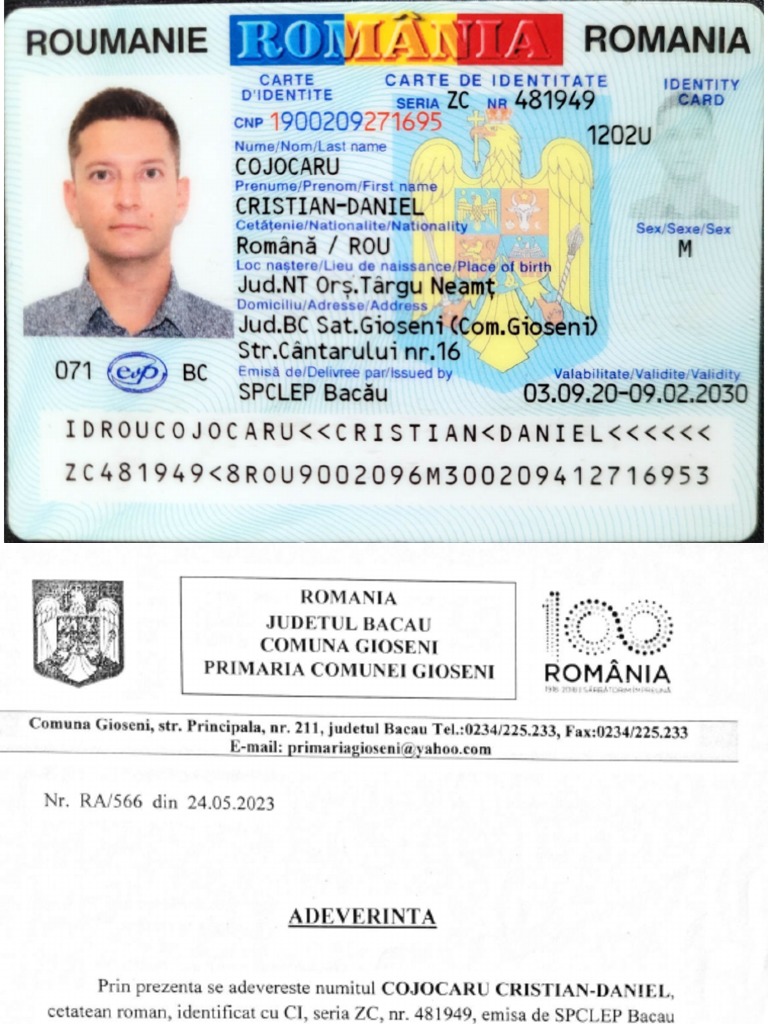 1.carte de Identitate Si Adeverinta Primarie | PDF
