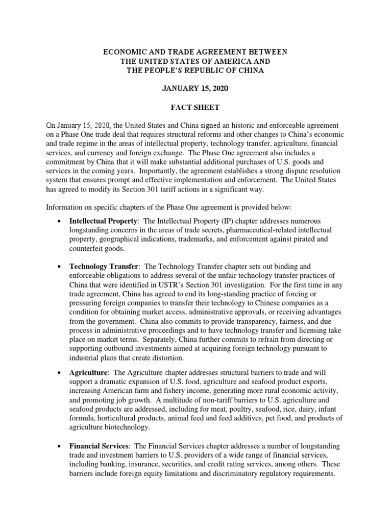 USTR Fact Sheets On The U.S. China Phase 1 Agreement | PDF | Animal ...