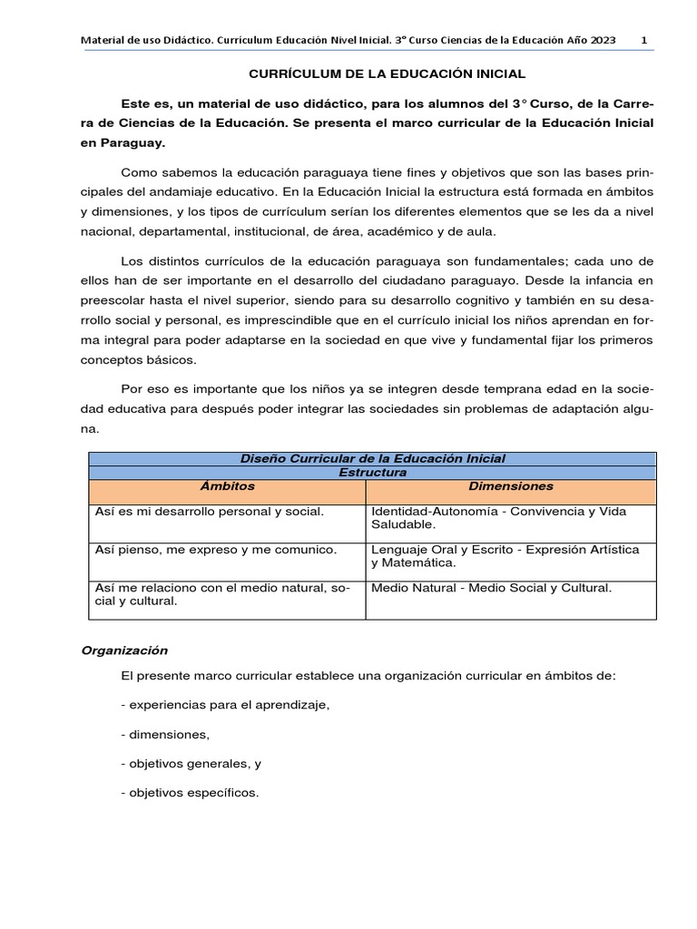 MATERIAL de APOYO CLASE 3 Currículum de La Educación Inicial | PDF ...