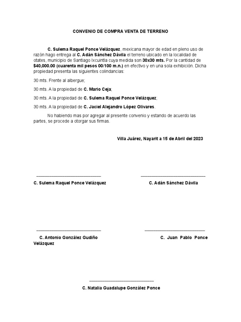 Convenio de Compra Venta de Terreno | PDF