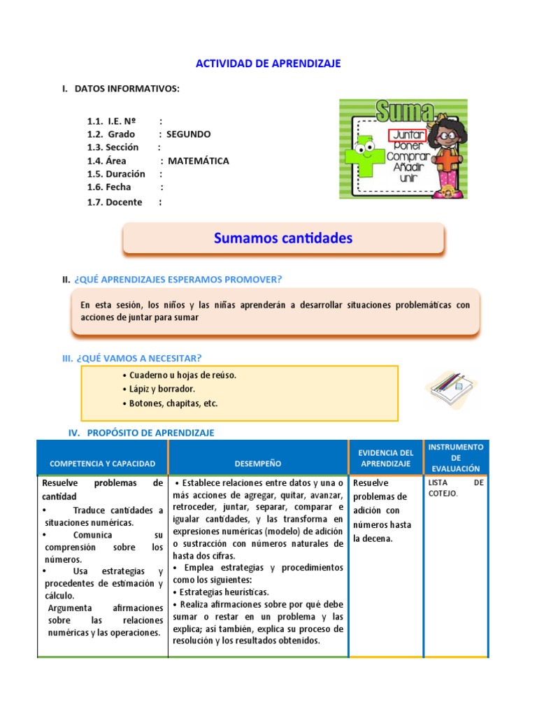 D4 A1 SESION MAT Sumamos Cantidades 2do Grado | PDF