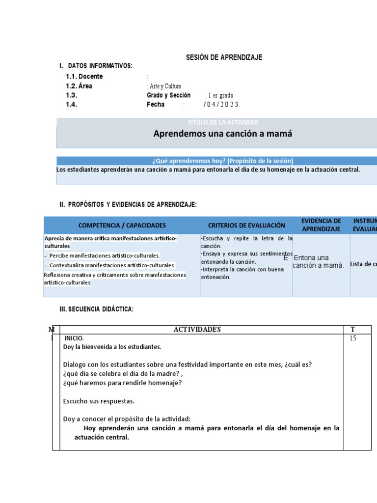 Sesión Arte Aprendemos Una Canción A Mamá Pdf Evaluación Canciones