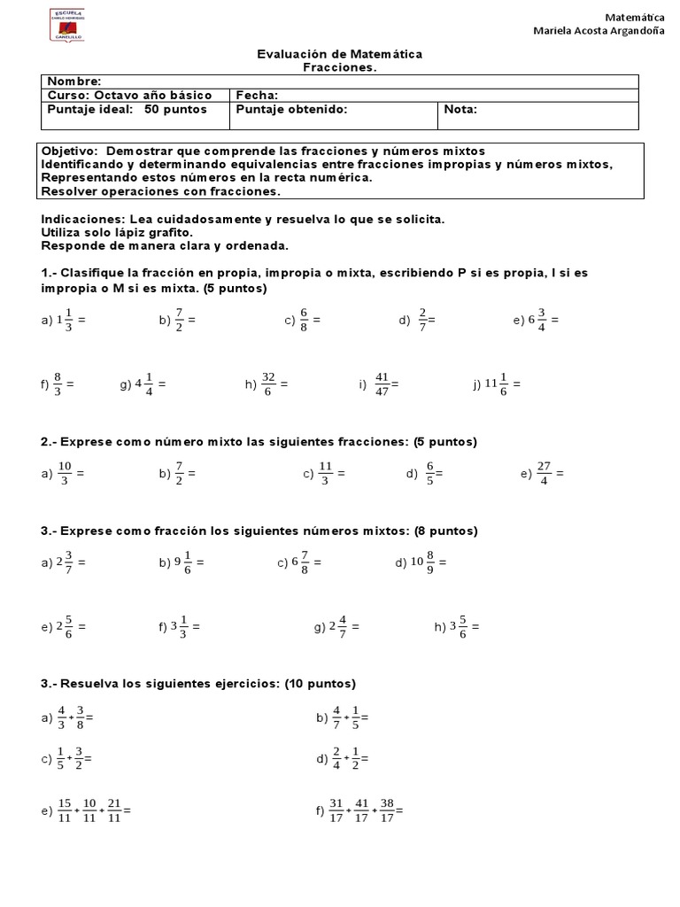 Evaluación Fracciones Octavo | PDF