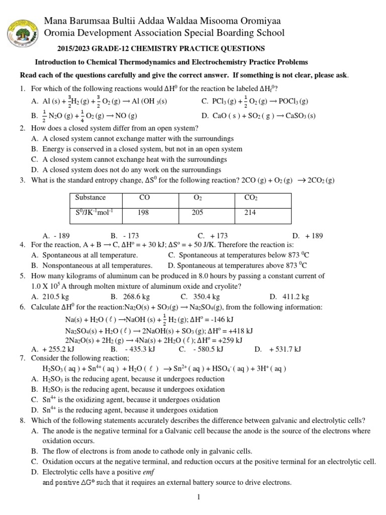 Grade 12 Practice Questions | PDF | Redox | Anode