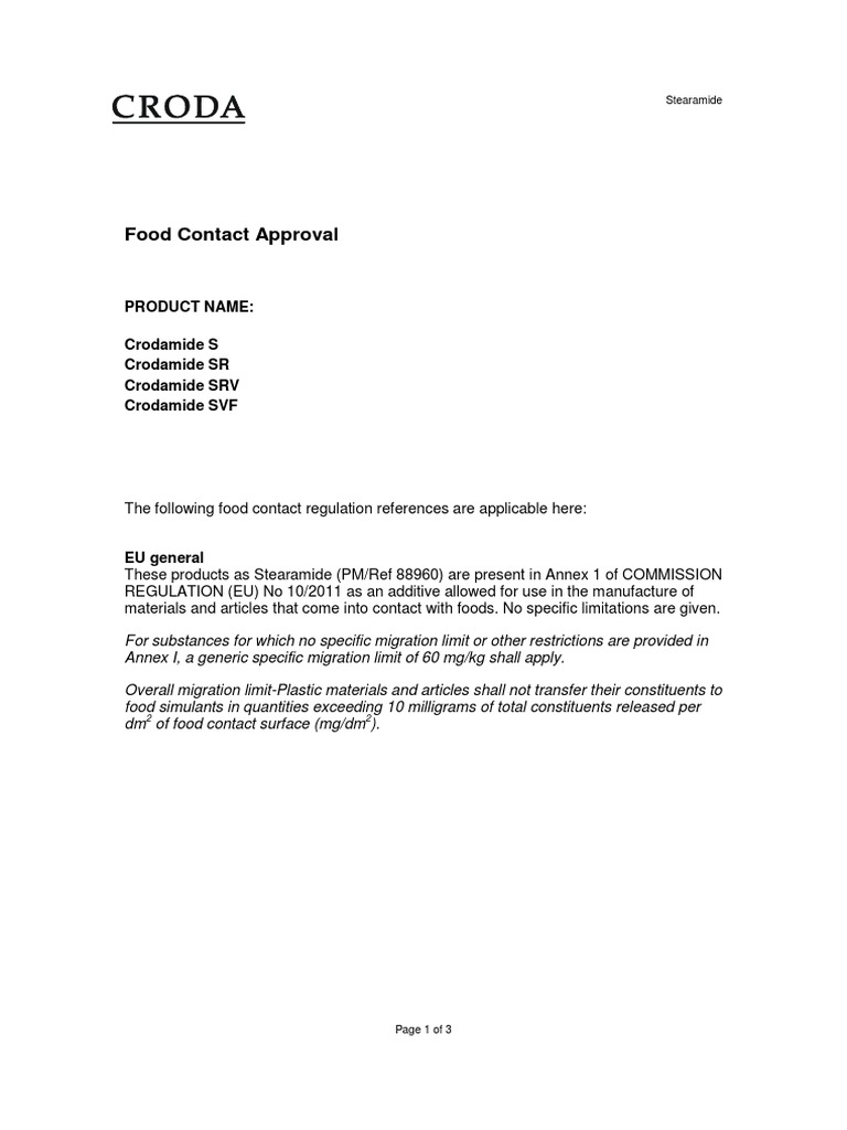 FDA Crodamide S SR | PDF | Secondary Sector Of The Economy | Chemistry