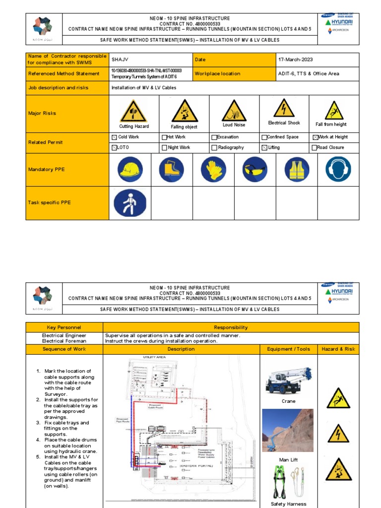 MV & LV Cable Installation SWMS | PDF | Tunnel | Crane (Machine)
