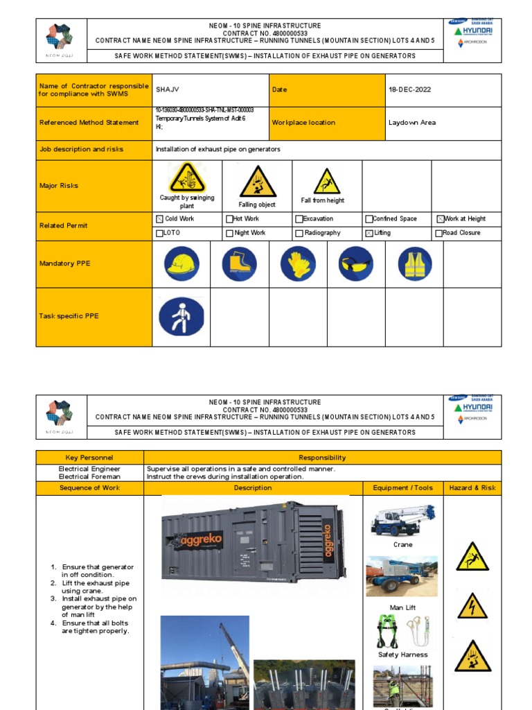 SWMS FOR GENERATOR EXHAUST PIPE IN LAYDOWN AREA 17.12.22 | PDF | Personal Protective Equipment ...