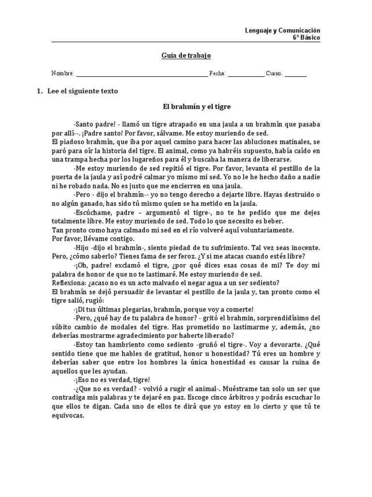Guía Comprensión El Brahmin y El Tigre | PDF
