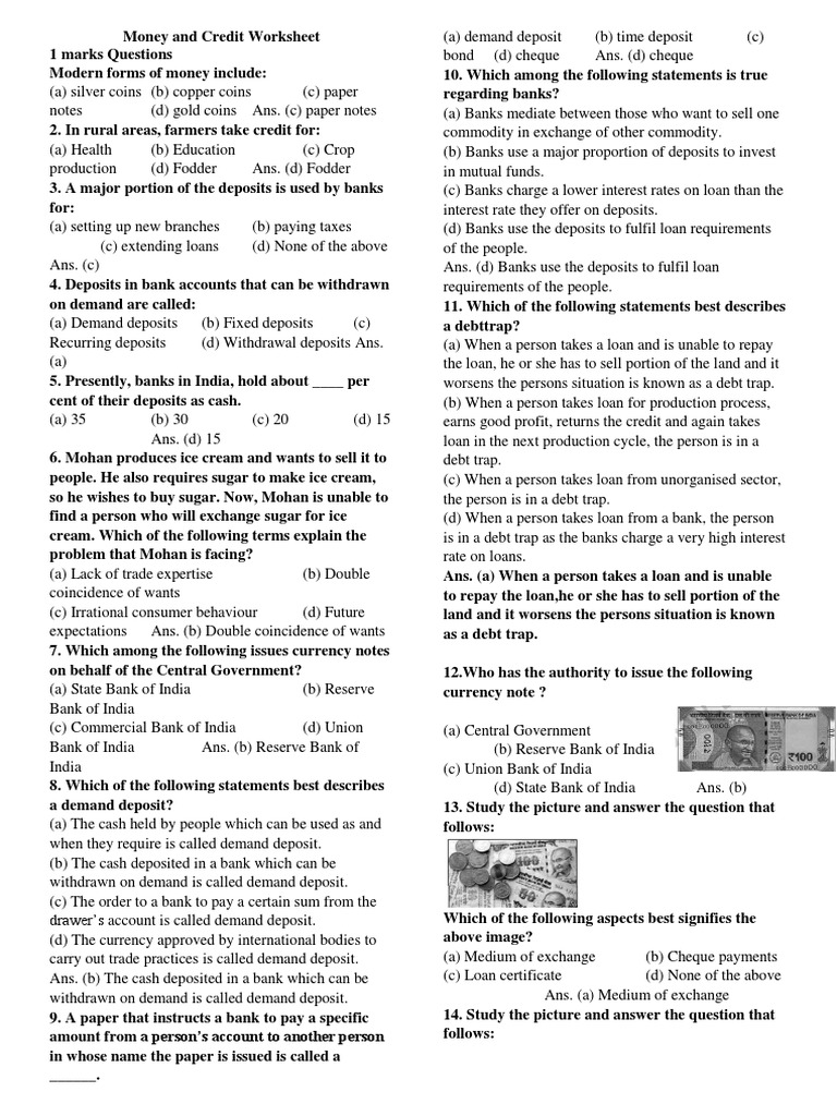 Money and Credit Worksheet Answers | PDF | Loans | Banks