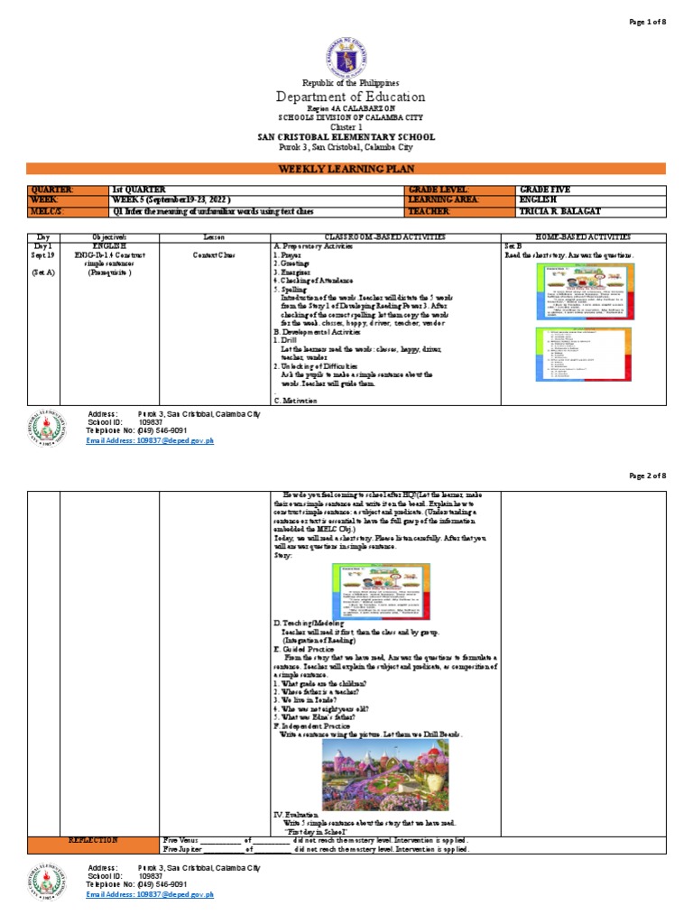 WLP - ENG5 - W5 - Q1 (W3 Lesson) | PDF | Teachers | Communication WLP - ENG5 - W5 - Q1 (W3 Lesson) | PDF | Teachers | Communication