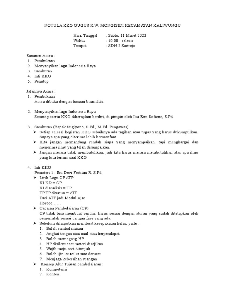 Notula KKG Gugus R.W. Mongisidi | PDF