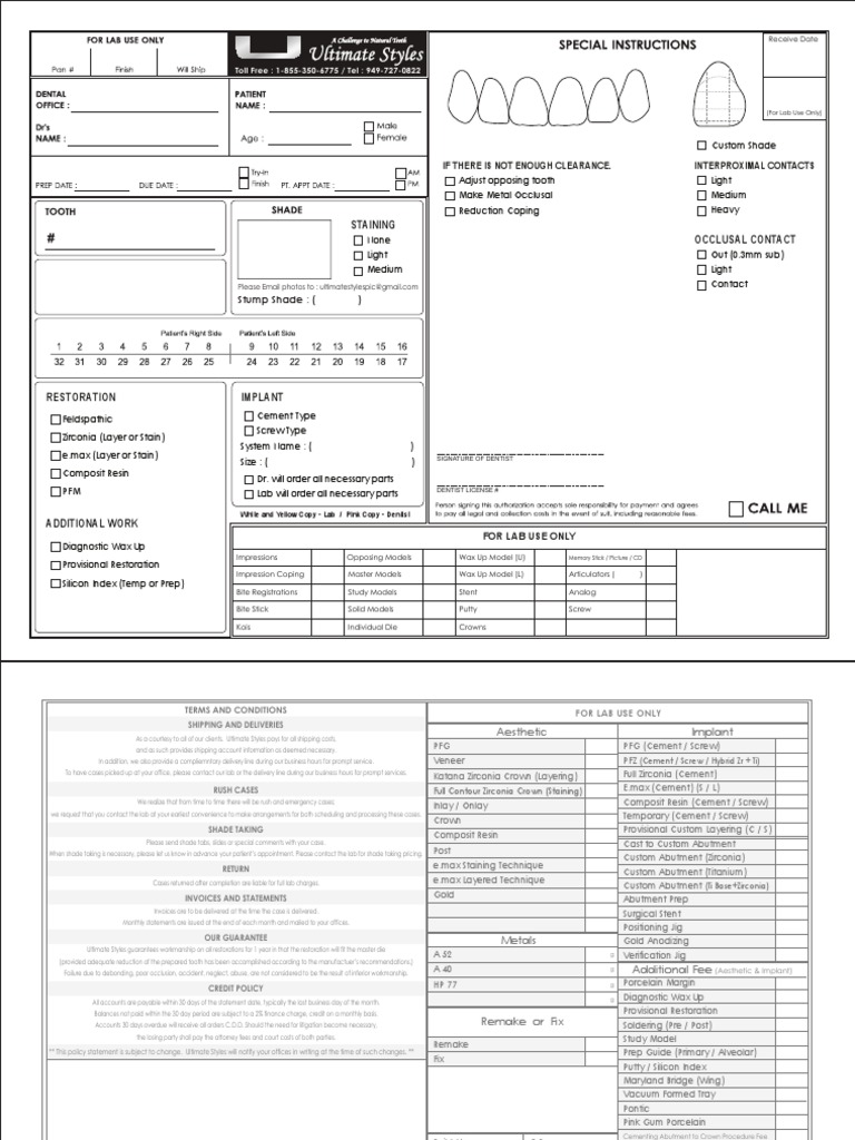 Ultimate Styles Lab Slip 2022-12 | PDF | Dentistry Branches